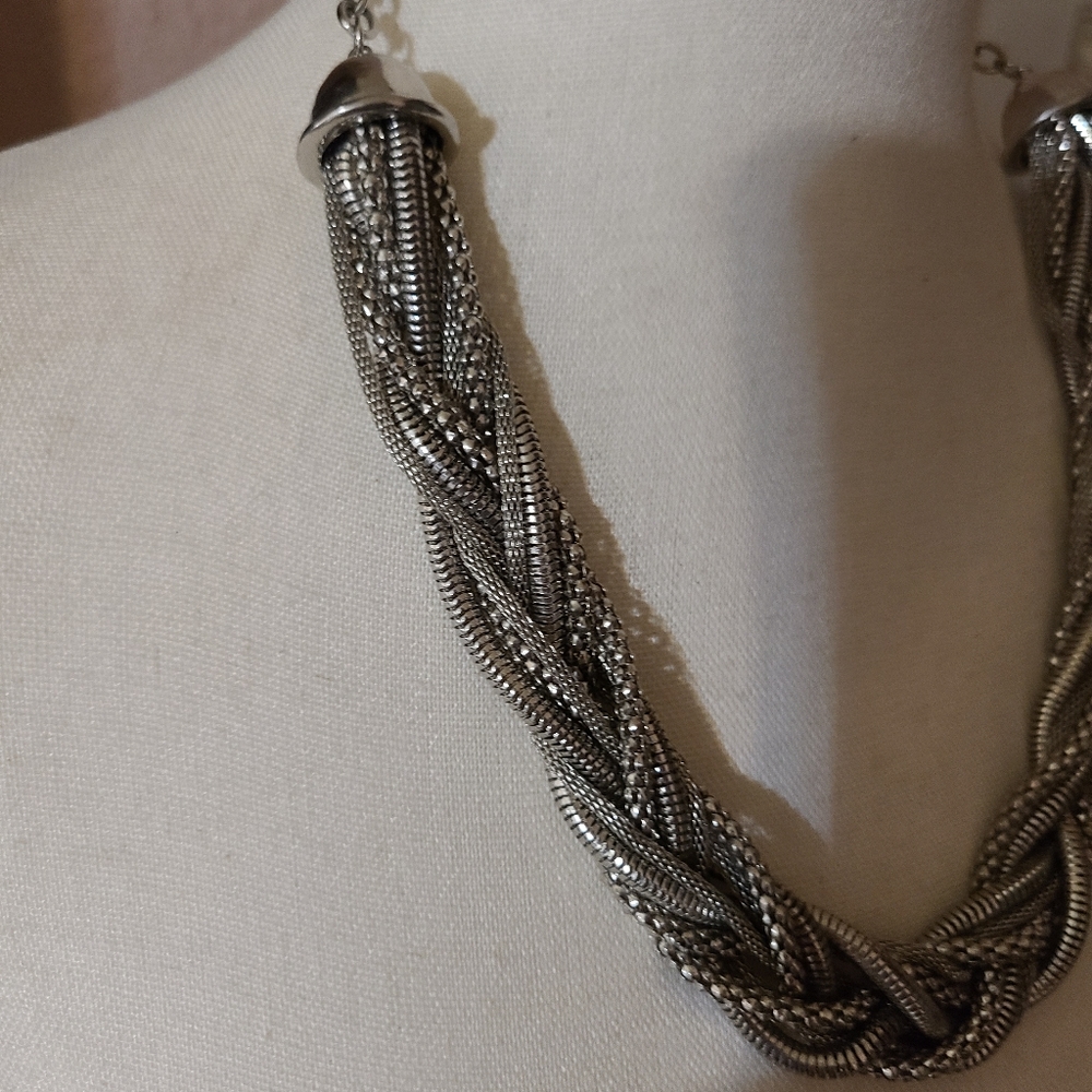 Heavy Silver Braided Necklace - Gem